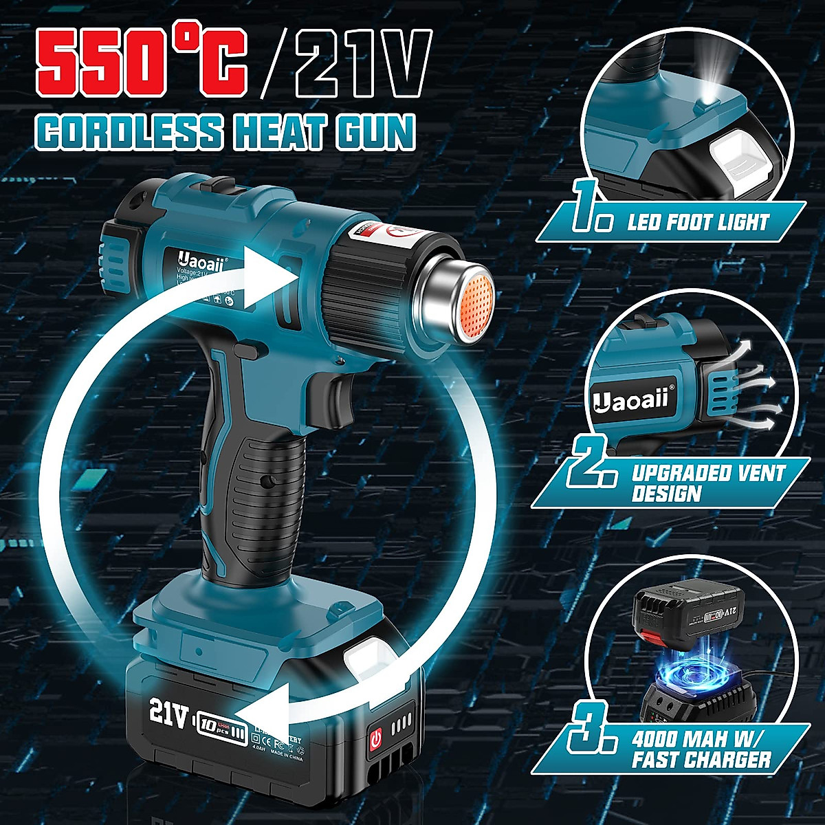 Cordless Heat Gun, Uaoaii 21V Hot Air Gun w/ 2x 4.0Ah Rechargeable Battery, 4 Nozzle, Led Light & Suitcase, 2-Temp Setting Max 1022°F(550°C) Heat Gun for Crafts, Shrink Tubing, Resin & Decorating