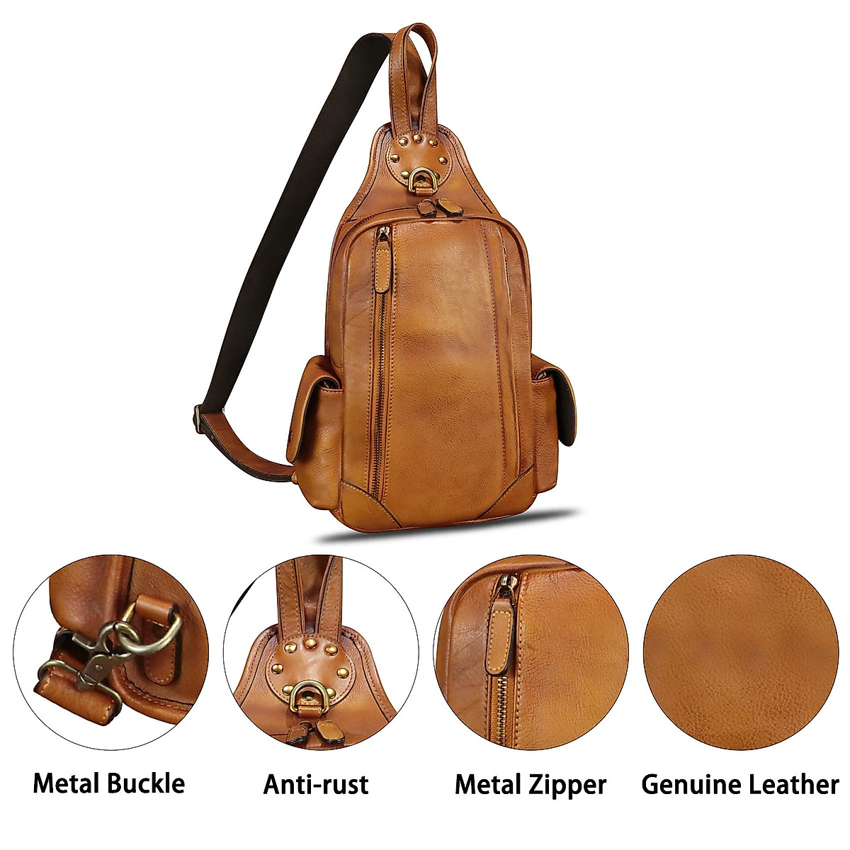 FEIGITOR Genuine Leather Sling Bag Handmade Retro Crossbody Backpack Purse Chest Shoulder Hiking Daypack Fanny Pack (Brown)