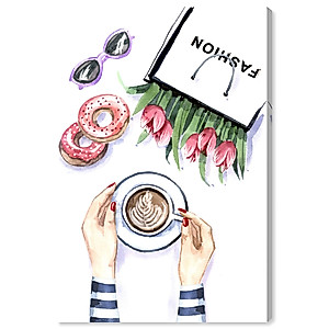 Wynwood Studio Fashion and Glam Wall Art Canvas Prints 'Coffee and Donut time' Accessories Home Décor, 16" x 24", White, Pink