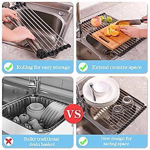 Seropy Roll Up Dish Drying Rack Over The Sink Drying Rack for Kitchen Counter, Rolling Dish Rack over Sink Mat, Foldable Dish Drainer Stainless Steel Sink Rack Kitchen Organization Gadgets