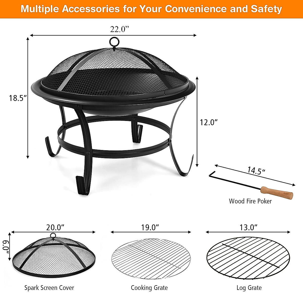 Giantex 22" Outdoor Firebowl, Portable Firepit Bowl with BBQ Grill Mesh Spark Screen Cover, Poker and 2 Log Grates/Grilling Grate and Wood Grate, Wood Burning Fire Pit w/Grilling Handle