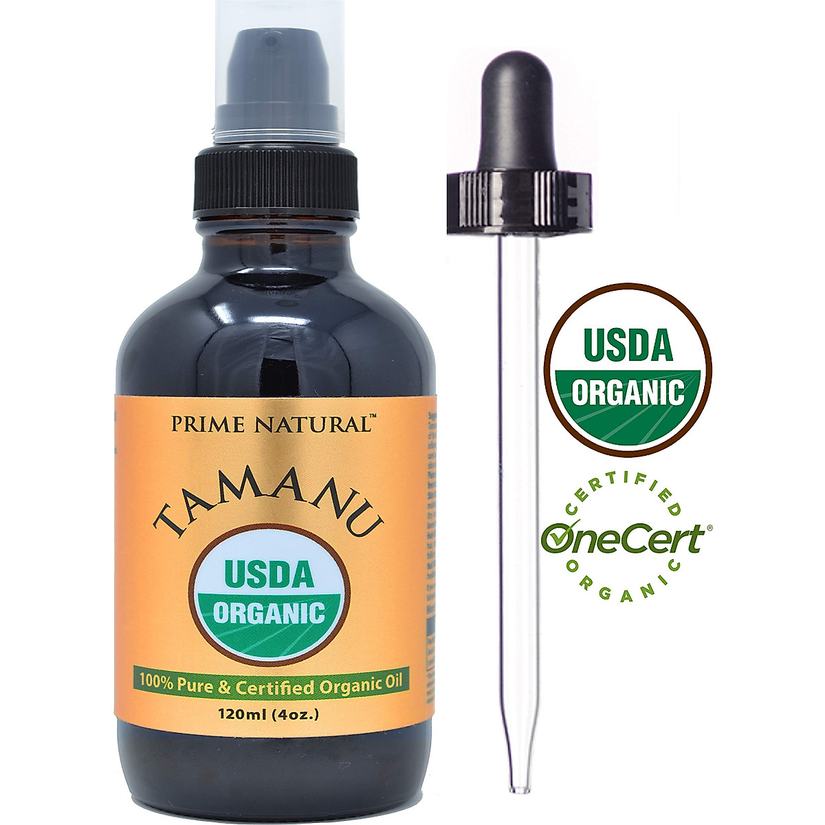 Prime Natural Organic Tamanu Oil - USDA Certified, 100% Pure, Cold Pressed, Unrefined, Virgin (4oz / 120ml) for Face, Hair & Skin Care - Natural Moisturizer