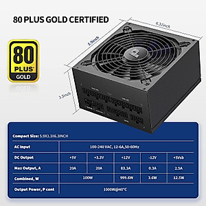 Pystar 1000W Power Supply 80+ Gold Full Modular PSU, ATX 3.0 & PCIE 5.0, ES1000