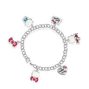 SALLY ROSE Sanrio Hello Kitty Charm Bracelet 8-inch - Silver Plated Hello Kitty Charm Bracelet Officially Licensed