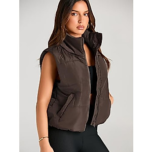 AUTOMET Puffer Vest Women Sleeveless Winter Cropped Outerwear Warm Puffer Lightweight Stand-up Collar Down with Pockets Coffee M