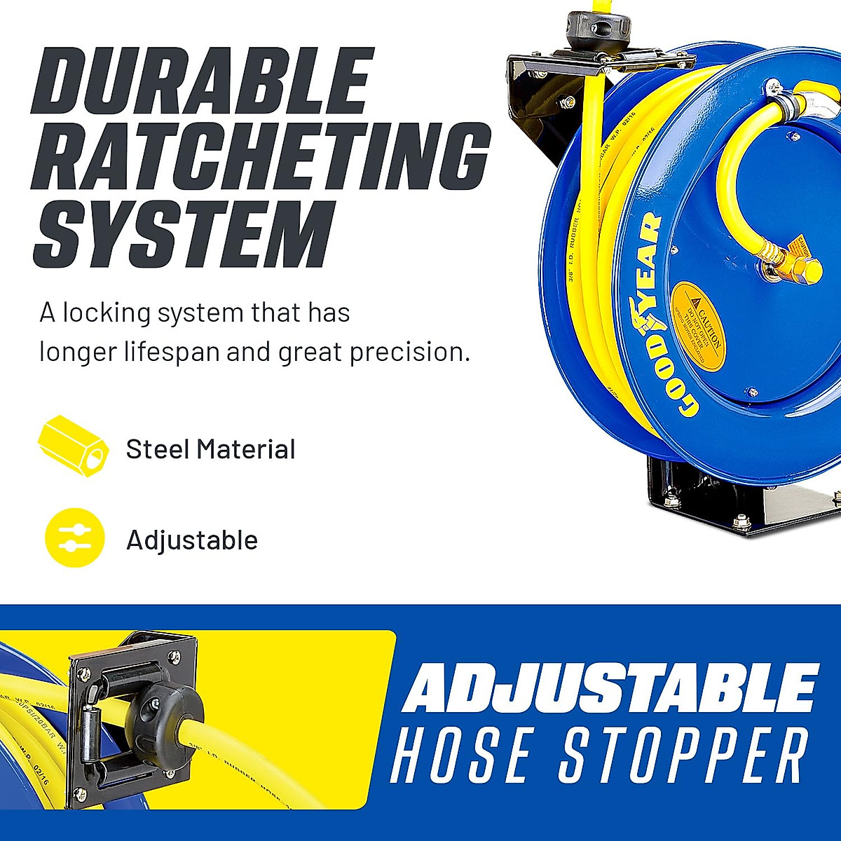 Goodyear Air Hose Reel Retractable 3/8" Inch x 50' Foot SBR Rubber Hose Max 300PSI Heavy Duty Industrial Steel Single Arm Construction