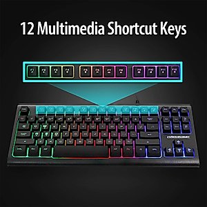 Lumsburry Rainbow LED Backlit 87 Keys Gaming Keyboard, Compact Keyboard with 12 Multimedia Shortcut Keys USB Wired Keyboard for PC Gamers Office