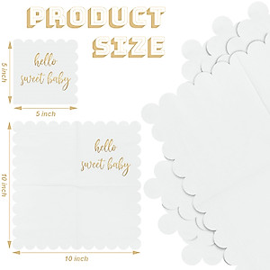 Zhanmai 100 Pcs Scalloped Baby Shower Napkins Hello Sweet Decorations Paper White and Gold Napkins Disposable Luncheon Cocktail Napkins Folded 5 x 5 Inch for Baby Shower Party Decor