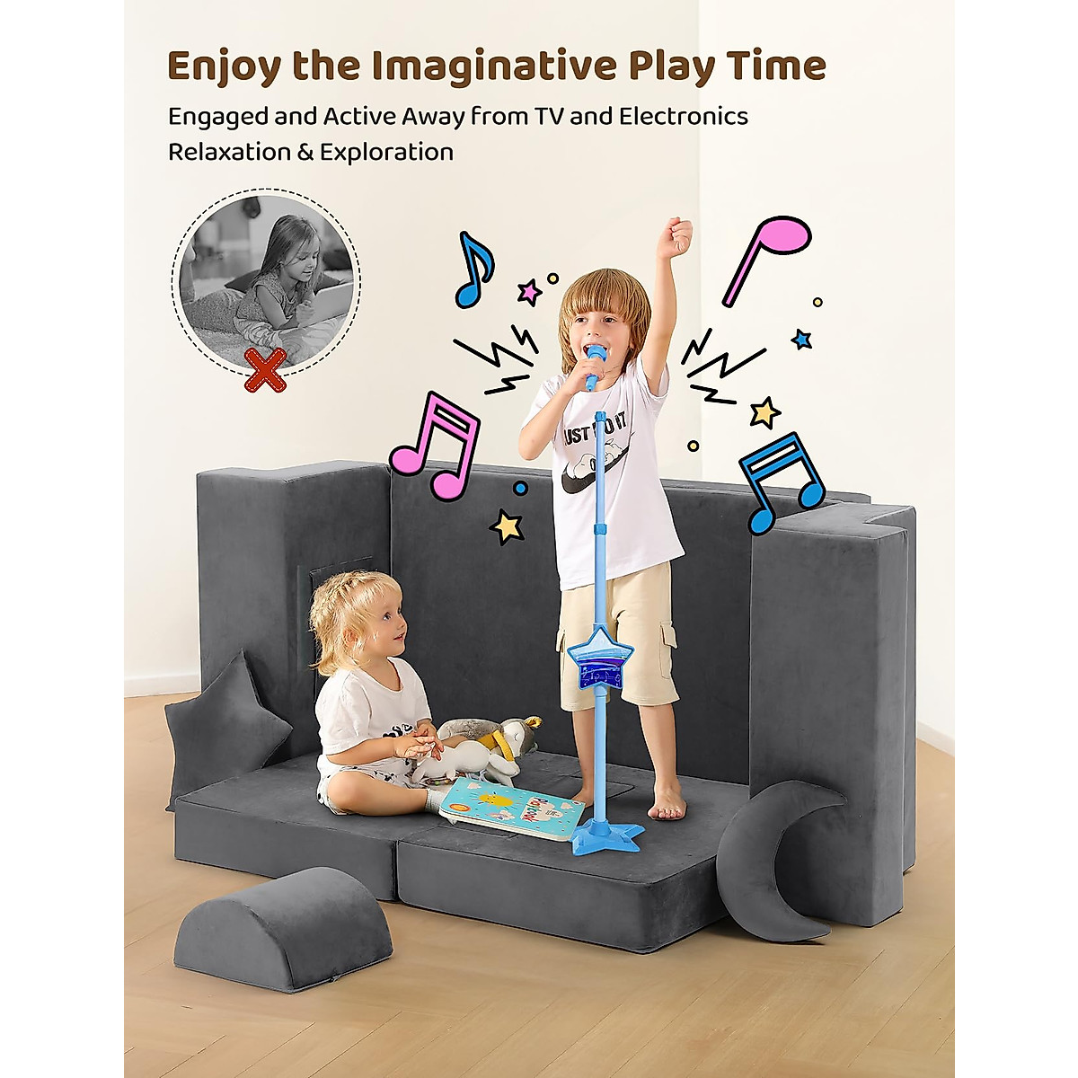 Modular Kids Play Couch, Kidirect K12 PRO DIY 400+ Creative Kids Couch for Playroom, Upgraded Play Couch Convertible Rocking Horse, Sectional Kids Sofa Couch with Star Moon for Kids and Toddlers(Grey)