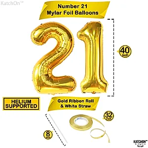 KatchOn, Giant Gold Number 21 Balloon - Pack of 3 | Gold 21 Birthday Balloon, 21st Birthday Backdrop | Happy 21st Birthday Banner Black and Gold for Happy 21st Birthday Decorations for Him