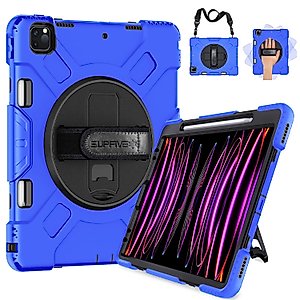 SUPFIVES Case for iPad Pro 12.9 Inch 2022: Upgraded Military Grade Shockproof Full Body Protective Cover with Stand-Pencil Holder-Shoulder Strap for iPad Pro 12.9 6th/5th Generation - Blue