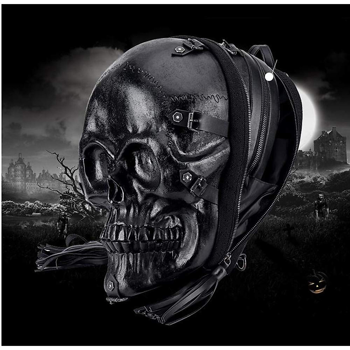 HANXIUCAO 3D Stereo Skull Backpack PU Backpack Waterproof Silicone Embossed Ghost Head Knapsack, Black, Medium