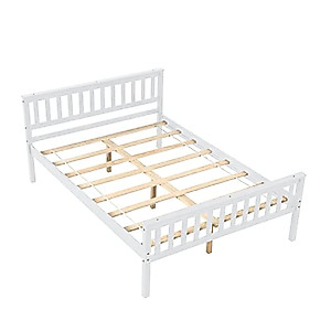 Prohon Full Size Platform Bed Frame with Vertical Openwork Design Headboard & Footboard, Wooden Slat Support with Large Underbed Storage Space, Simple Style Bedframe for Kids, Teen, Adults, White