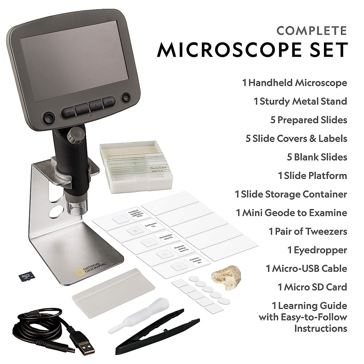 National Geographic Digital Microscope for Kids – 40-Piece Handheld Microscope, Lightweight, Portable, Capture 1080p Photos & Video on Micro SD Card, Tilting 4.3-Inch LCD Screen, 800x Magnification