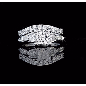 Venetia Top Grade Realistic Princess Cut Simulated Diamond 3-Stones Ring Curved Band 2 Pcs Set Platinum Plated 925 Silver Cubic Zirconia cz (7)