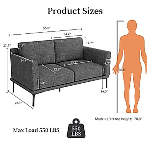 HIPIHOM 55.1" Sofa Couch, Modern Loveseat Sofa, Small Couches for Small Spaces, Couches for Living Room Bedroom Guest Room Apartment Resistant Studio Dorm, Lounge, Grey Fabric (Grey)