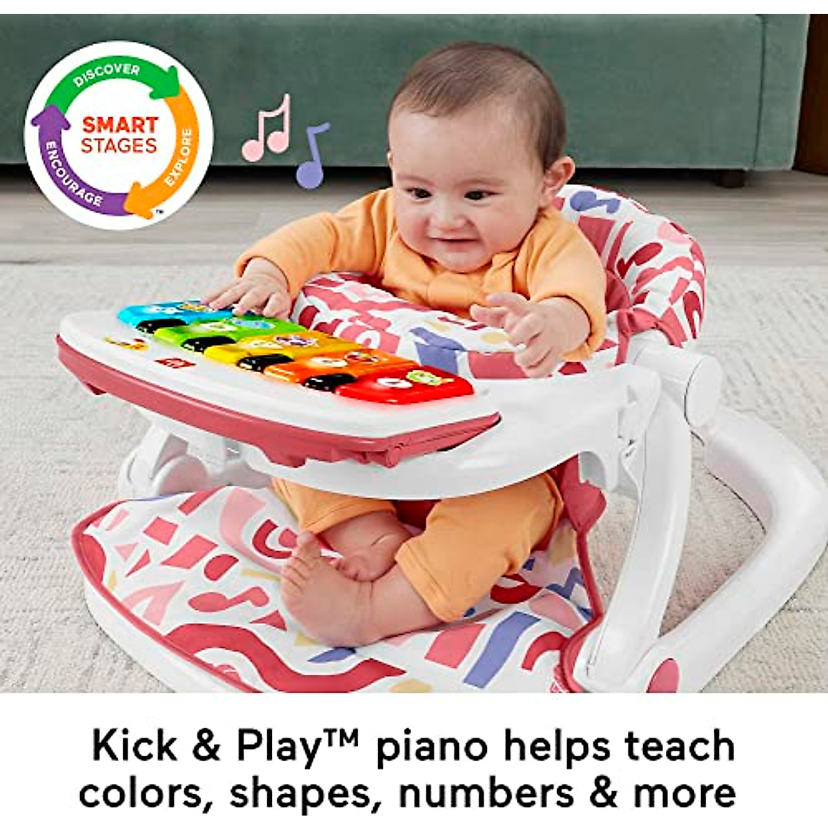 Fisher-Price Portable Baby Chair, Deluxe Sit-Me-Up Seat with Kick & Play Piano Learning-Toy for Babies and Toddlers, Pink