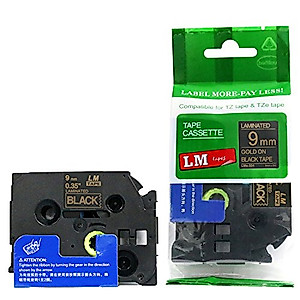 LM Tapes - Brother PT-1180 3/8" (9mm 0.35 Laminated) Gold on Black Compatible TZe P-touch Tape for Brother Model PT1180 Label Maker with FREE Tape Guide Included