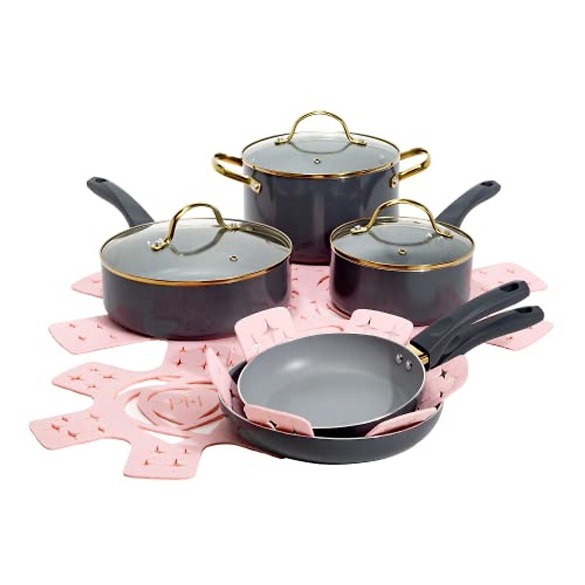 Paris Hilton Epic Nonstick Pots and Pans Set, Multi-layer Nonstick Coating, Tempered Glass Lids, Soft Touch, Stay Cool Handles, Made without PFOA, Dishwasher Safe Cookware Set, 12-Piece, Charcoal Gray