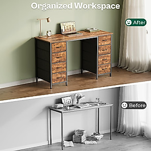 Huuger 47 Inch Computer Desk with 8 Drawers, Office Desk Work Desk for Home Office, Study, Gaming Desk with Fabric Drawers, Large Storage, Rustic Brown
