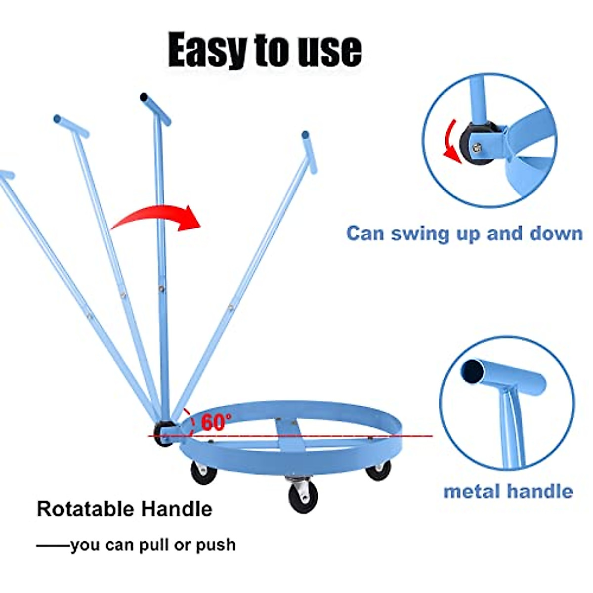 AESRAOU 55 Gallon Drum Dolly 1000 Pound Heavy Duty Bucket Dolly Hand Truck Multi Purpos Barrel Dolly Cart with Adjustable Handle and 4 Swivel Casters Wheel (Blue)