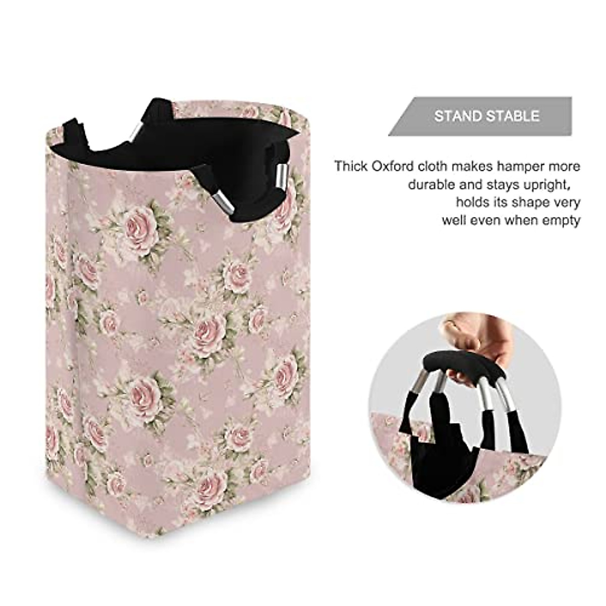 MNSRUU Laundry Bag with Handles, Pink Rose Flower Foldable Collapsible Laundry Basket Hamper for Laundry Room Decor and Accessories Bathroom Organization and Storage