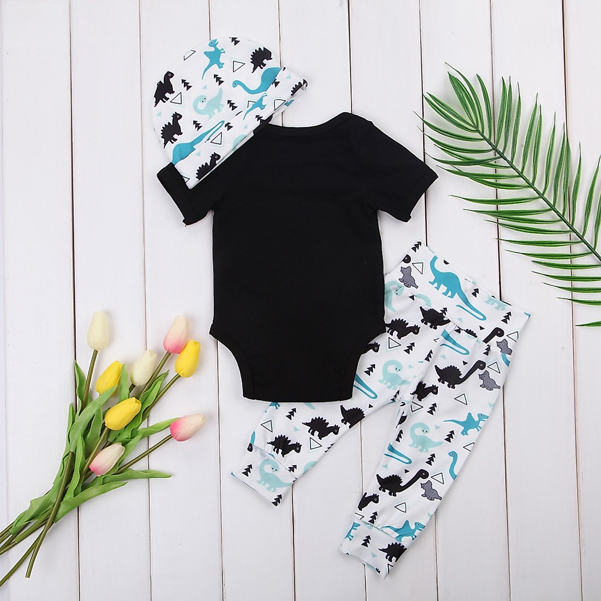 Hello Im New Here Infant Baby Boy Dinosaur Outfit Romper Pant Hat Clothes Set (0-3 Months, Black+White)