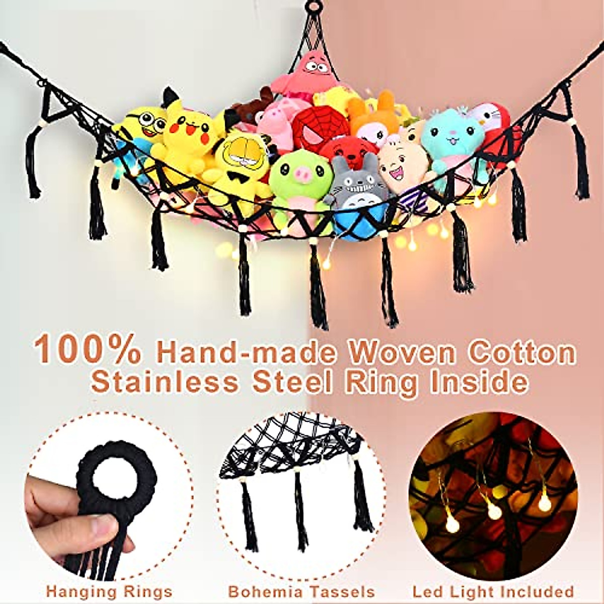 KoHuiJoo Stuffed Animal Net Hammock Macrame Boho Plush Toy Net Hammock for Stuffed Animals with Lights Stuffed Animals Corner Hanging Stuffed Animal Storage Net for Kids Bedroom Black