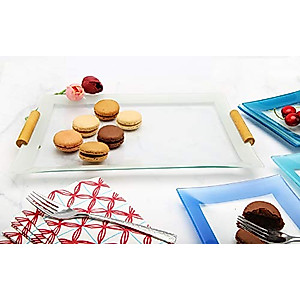 GAC Unique Design White-Grey Rectangular Tempered Glass Serving Tray with Wooden Handles – 10x14 Inch – Break Resistant – Dishwasher Safe - Attractive Colored Serving Platter
