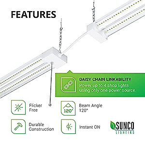 Sunco 10 Pack Linkable LED Utility Shop Light, 4500 LM, Single CCT (2700K), 4 FT, 48 Inch Integrated Fixture for Garage, 40W Equivalent 150W, Surface + Suspension Mount, White