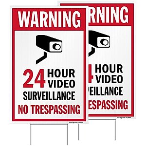 SmartSign 12" x 18" (2-Pack) 24 Hour Video Surveillance No Trespassing Yard Sign with 15" Metal H-Stake, Double Sided, Large 160 mil Thick Corrugated Plastic Lawn Signs, Water Resistant, USA-Made