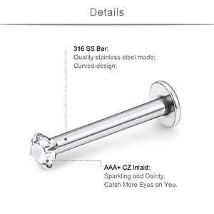 SCERRING 20PCS 16G 8mm Acrylic & Stainless Steel Labret Monroe Lip Ring Tragus Nail Helix Earring Stud Piercing Jewelry with 2mm 4-Prong-Setting Clear CZ