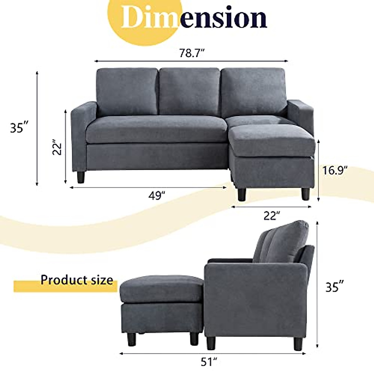 Sectional Sofa Couch, L-Shaped Convertible Couches for Living Room Furniture Sets 3 Piece Small Sofa, Modular Sectional Couch with Cloud Chaise for Living Room/Small Space(Bluish Grey)
