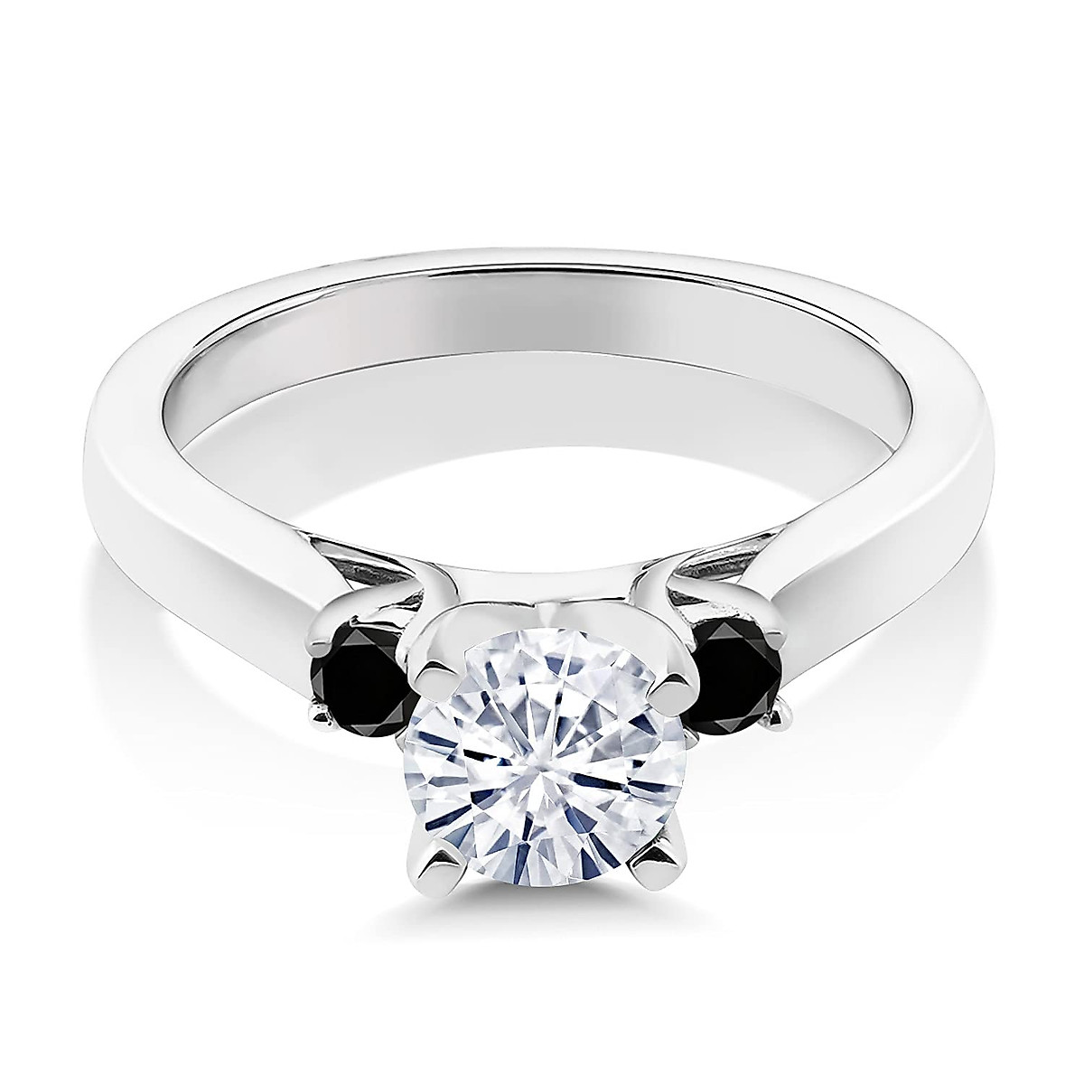 Gem Stone King 925 Sterling Silver White Moissanite and Black Diamond 3-Stone Engagement Ring For Women (0.93 Cttw, Round 6MM, Gemstone Birthstone, Size 9)