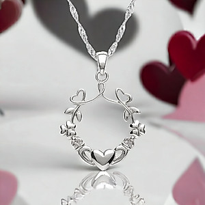 ICEBERRY Irish Claddagh Necklace 925 Sterling Silver - Dainty Leaf Clover Wreath Pendant with Chain 20" - Good Luck Blessing Shamrock Charm - Celtic Jewelry for Women