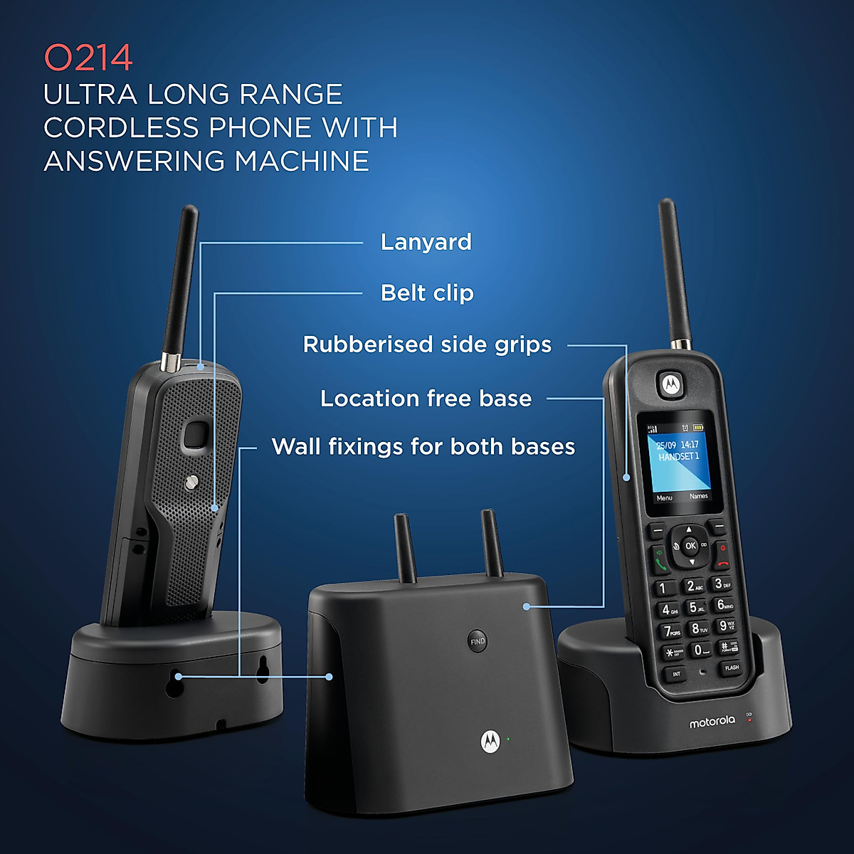 Motorola O214 DECT 6.0 Long Range Cordless Phone - Wireless Phones for Home & Office Phone with Answering Machine - Indoors and Outdoors, Water & Dust Resistant, IP67 Certified - Black, 4 Handsets