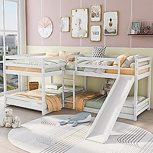 L Shaped Bunk Bed for 4, Wooden Quad Bunk Bed with Slide, Full Over Full Bunk Bed with Twin Over Twin Bunk Bed Attached for Kids Girls Boys - White