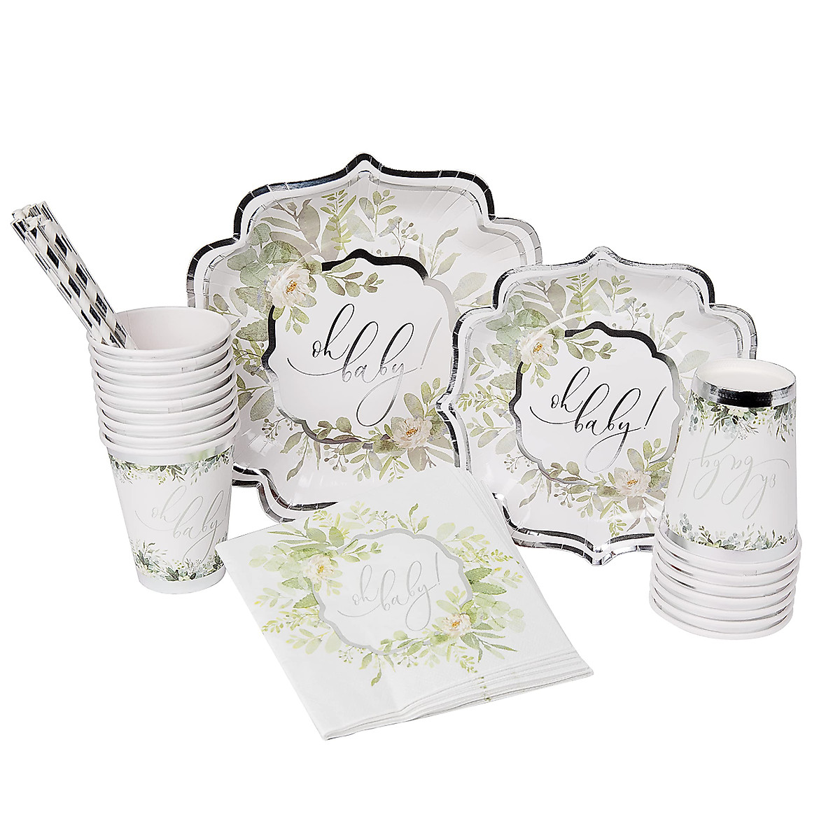 Greenery Baby Shower | Sage Green "Oh Baby" Baby Shower Set | Stunning Real Silver Foil | Serves 16 | Gender Neutral Baby Shower Decorations | Elegant Greenery Baby Shower Decorations |Greenery theme