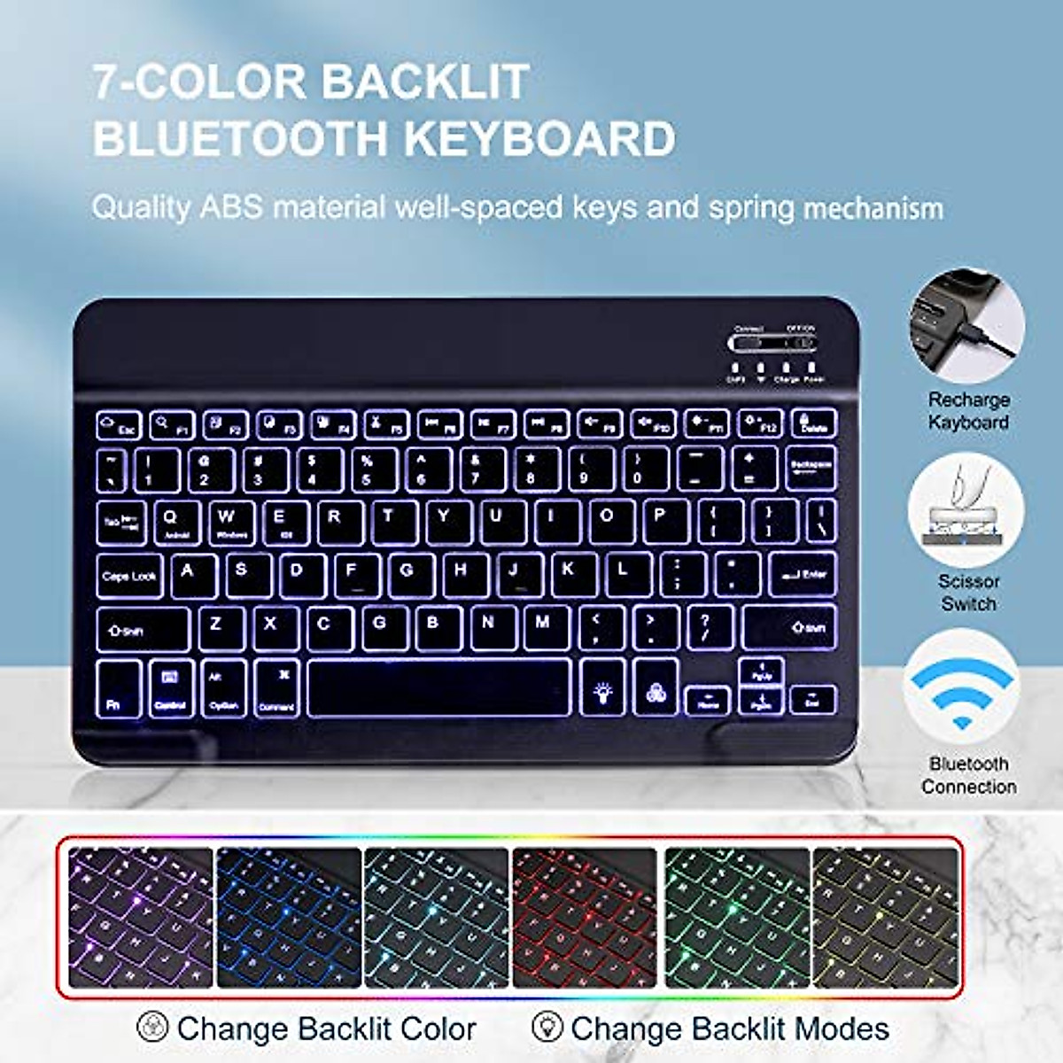 Keyboard Case for iPad 9th Generation 10.2 inch 2021, iPad 8th /7th Gen Case and Keyboard Detachable Wireless, 7 Color Backlight Tablet Keyboard with Slim Folio Case, Built-in Pencil Holder Black