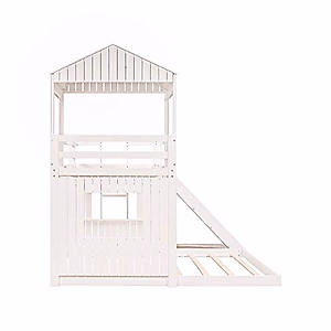Merax House Shaped Solid Wood Bunk Bed with Roof, Window, Guardrail and Ladder for Kids, Teens, Girl or Boys