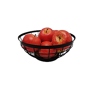 Large Wooden Fruit Bowl for Kitchen Countertop & Dining Room, Decorative Wooden Wire Basket for Living Room- ShinYik Japanese Zakka Style with Bamboo Wood and Rust Resistance Black Iron