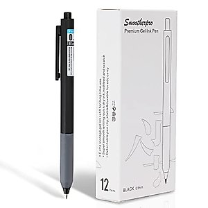 SMOOTHERPRO Premium Retractable Gel Pens 12 Pack 0.5mm Fine Black Refillable Ballpoint Pen Set with Comfortable Rubber Grip Super Smooth Long Lasting Writing (SL120)