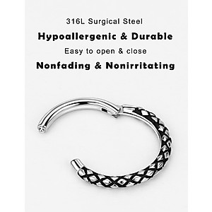 8mm Silver 316L Surgical Steel Septum Rings Nose Piercing Ring Black Hinged Nose Rings Hoop Cartilage Earring Lobe Tragus Daith Rook Helix Piercing Jewelry 16 Gauge Septum Clicker Lip Rings Snakeskin