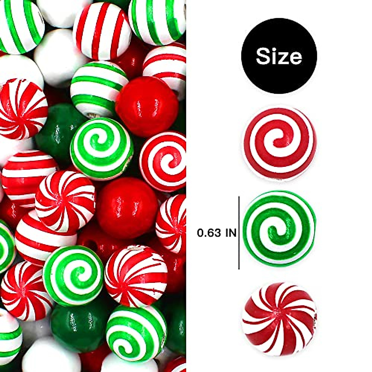 240 PCS Christmas Candy Wooden Beads, Lollipop Candy Swirl Beads with Color of Red Green White, Round Craft Bead for DIY Garland Jewelry Craft for Xmas Tree Party Supplies Home Decoration