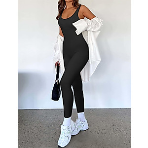 RXRXCOCO Women Backless One Piece Jumpsuits Sleeveless Scoop Neck Bodycon Romper Seamless Workout Yoga Jumpsuits Black Small