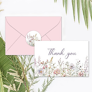 Whaline 24Pcs Wildflower Thank You Cards Bulk Watercolor Pink Flower Greeting Cards with Envelope Sticker Floral Blank Note Cards for Birthday Wedding Baby Shower Bridal Shower, 4 x 6 Inch