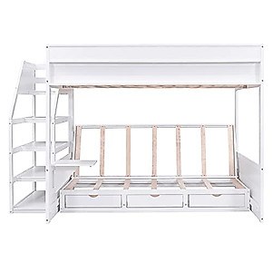 SOFTSEA Full Over Futon/Full Bunk Bed with Storage Staircases, Convertible Couch and Bed with Drawers, Wood Bunk Bed Frame for Kids Teens, No Box Spring Needed (White)