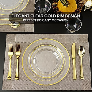 FOCUSLINE 100 Count Clear Gold Plastic Plates 7 Inch, Disposable Heavy Duty Clear Plates with Gold Rim, Premium Hard Plastic Plates Fancy Disposable Clear Salad Plates for Wedding Parties