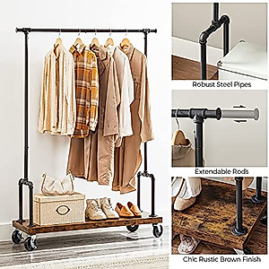 VASAGLE Rolling Clothes Rack, Garment Rack for Hanging Clothes with Wheels, Hanging Rail and Shelf, Heavy-Duty, Industrial Pipe Design, Rustic Brown and Black URGR110B01