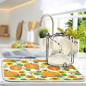 Sunflowers Orange Pumpkins Dish Drying Mat for Kitchen Counter Absorbent Microfiber Dish Drying Pad Mat Washable Coffee Bar Mat Mats for Countertop Dining Table Holiday Decor 16"x18"